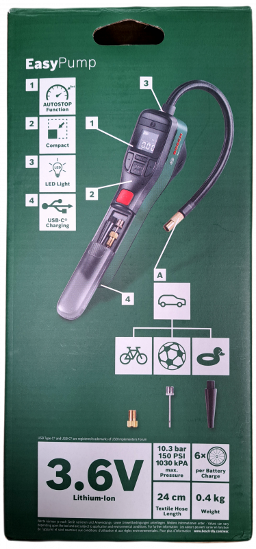 Bosch EasyPump – Akku-Druckluftpumpe mit Autostopp & LED – für Haus, Garten & unterwegs